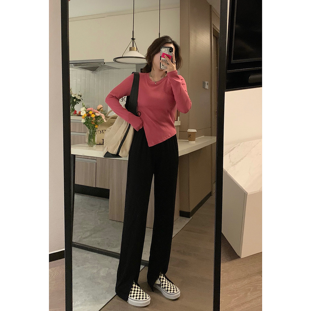 Veee 太能拉比例了ju显瘦闭眼入 显瘦高腰黑色开叉休闲直筒拖地裤