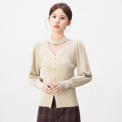 绝美独特V领挂脖针织衫女秋冬2025年新款纽扣内搭打底衫毛衣上衣