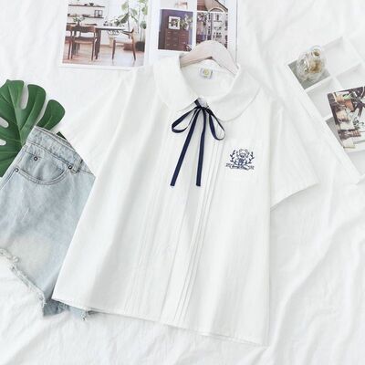 胖MM200斤特大码风琴褶短袖衬衫jk制服日系软妹学院风娃娃领上衣