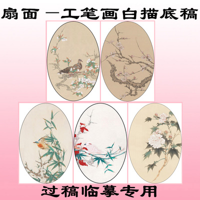 工笔画白描底稿竹子花鸟椭圆扇面
