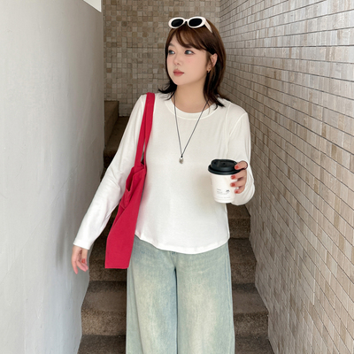小波家2025秋季胖mm简约通勤纯色打底衫套头显瘦上衣