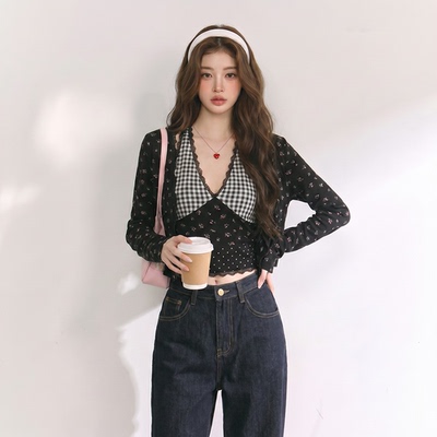 复古黑色吊带背心女春季蕾丝辣妹性感v领短款背心碎花开衫套装
