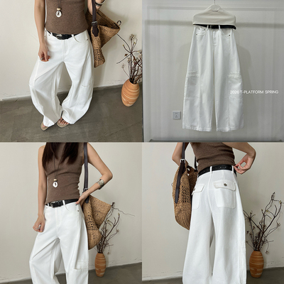 T-PLATFORM 线条结构感白色牛仔裤2026夏季新品大口袋工装裤68057