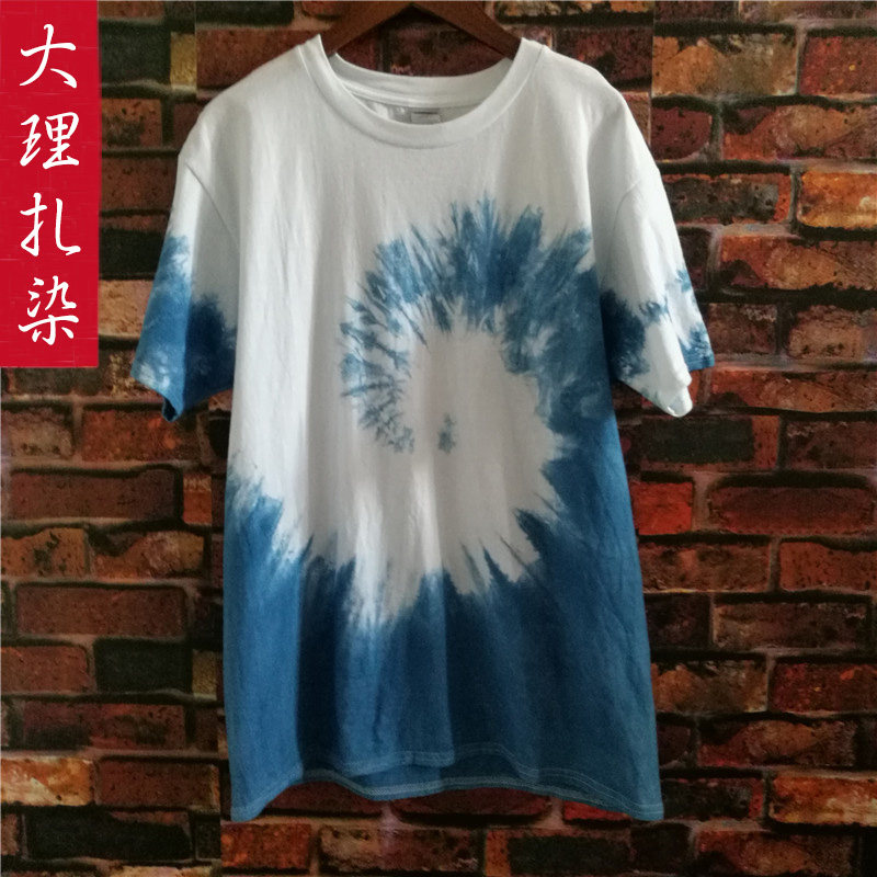 扎染t恤2025年新款渐变云南大理白族手工蓝染草木染短袖纯棉夏季