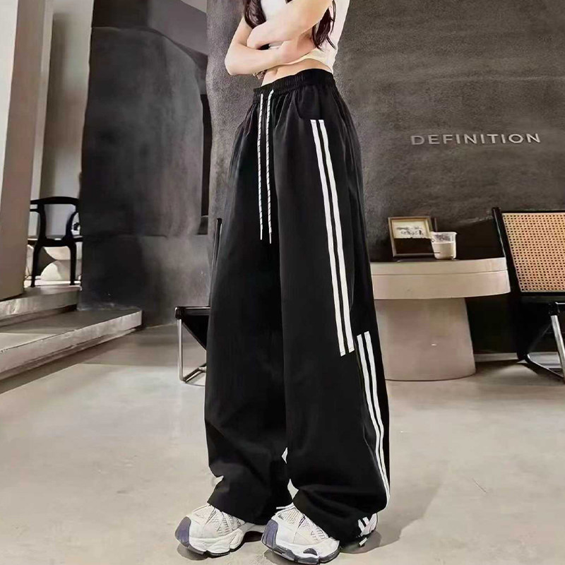 胖妹妹松紧腰拼色条阔腿长裤加肥大码女装宽松遮胯简约休闲工装裤