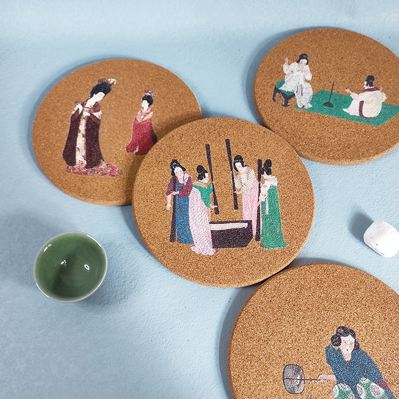 精品仕女国画软木垫精美礼盒装隔热防滑圆形中式客厅餐厅优质环保