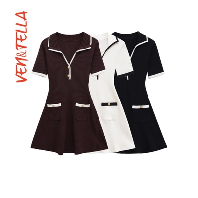 V领短裙金属纽扣螺纹连衣裙