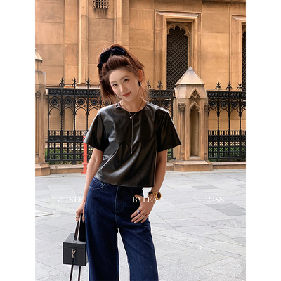 ZONEE 新风貌the new look 法式复古休闲感利落剪裁黑色时髦皮T恤