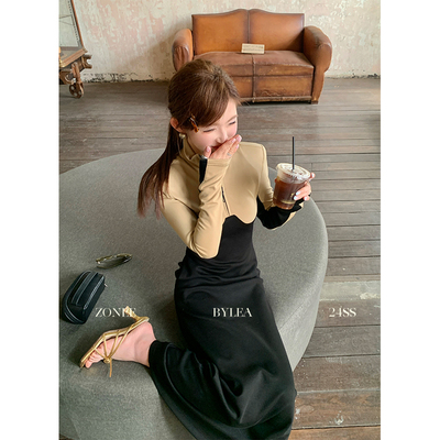 ZONEE 珍妮弗的假期 法式原创设计时髦感拼接设计修身气质连衣裙