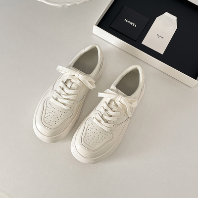 Lismo~时尚百搭日常小白鞋女深口系带透气厚底增高真皮运动休闲鞋