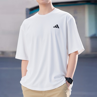 adidas男子宽松透气跑步健身运动休闲短袖白T恤KS6419
