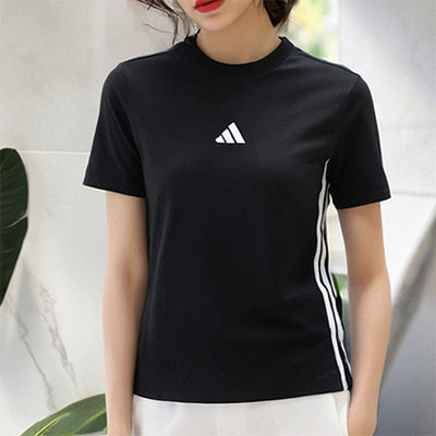 阿迪达斯黑色短袖T恤女装26春夏新款三条纹休闲透气运动服JD0846