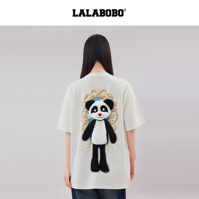 LALABOBO付思超熊猫图案短袖T恤