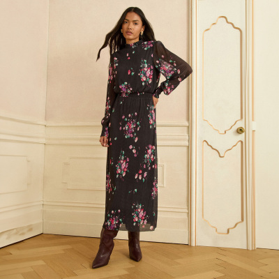 压褶长款长袖印花弹力腰百褶连衣裙