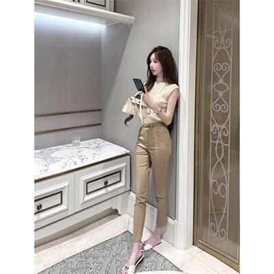 老钱风夏季新款高腰弹力卡其色修身显瘦直筒职业九分休闲裤西裤女