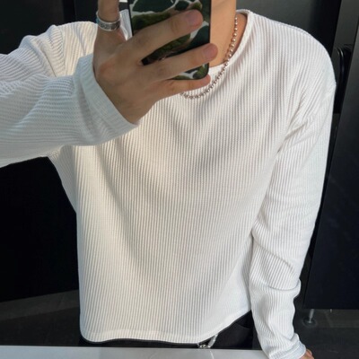 韩国东大门男装代购华夫格纹理针织短款秋高品宽松长袖T恤-TS4816