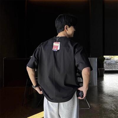 韩国男装代购LAINE高档USA棉重磅T字拼接纯色阔版短袖T恤衫TS3348