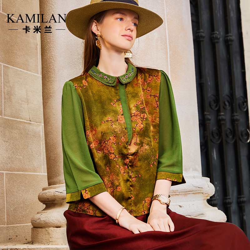 卡米兰气质复古新中式衬衫女2023夏季新款七分袖印花衬衣女士上衣_虎窝淘