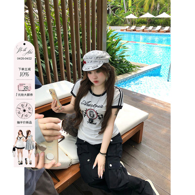 安妮不火 诺丁汉8号赛车元素印花圆领T恤女微胖大码美式短袖上衣