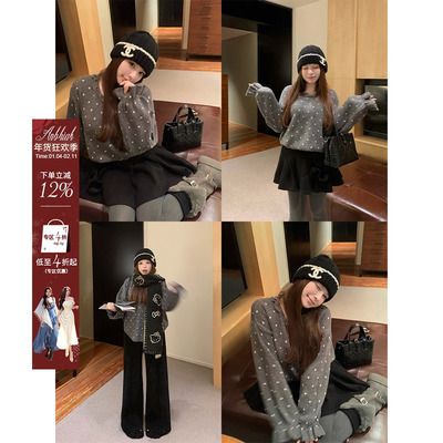 安妮不火韩系气质荷叶边圆领高弹毛针织衫女微胖大码显瘦毛织上衣