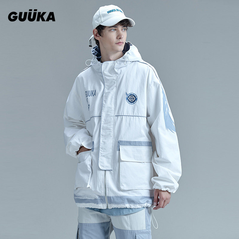Guuka&SANK藏克联名街头风简约休闲连帽风衣冬季多袋工装外套宽松_虎窝淘