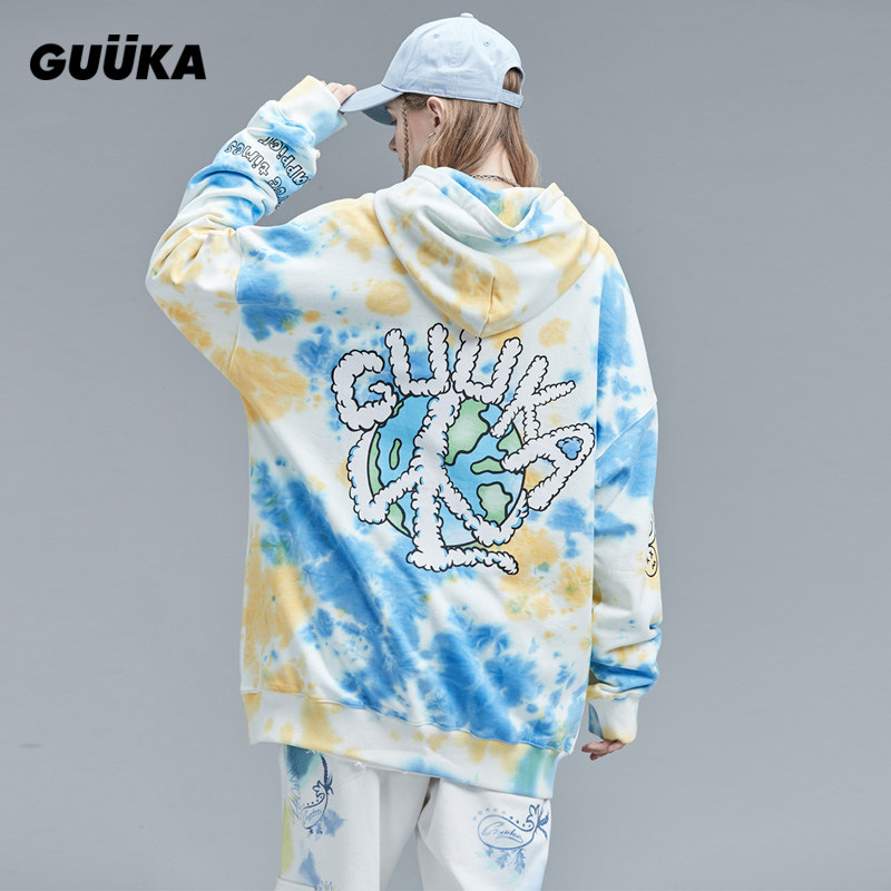 GUUKA潮牌扎染加绒连帽卫衣女新款嘻哈情侣反战印花运动帽衫宽松_虎窝淘