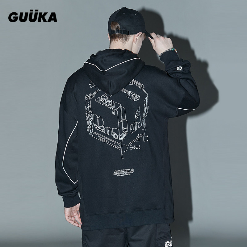 GUUKA潮牌黑色加厚卫衣男连帽学生嘻哈反光捆条机能运动帽衫宽松_虎窝淘