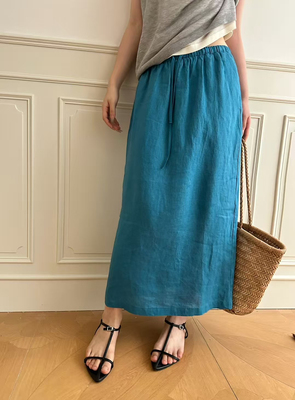 纯色亚麻后开叉松紧腰抽绳半身裙