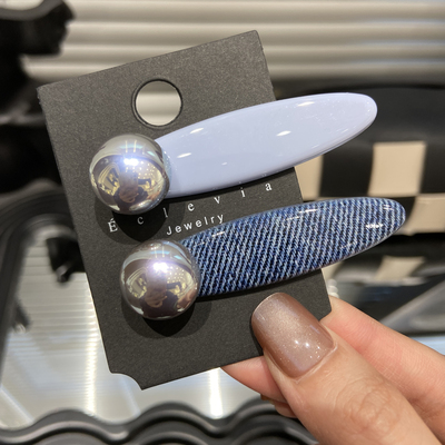 E4151 两只装牛仔蓝珍珠鸭嘴夹2025春夏新款浅蓝色韩版发夹边夹女