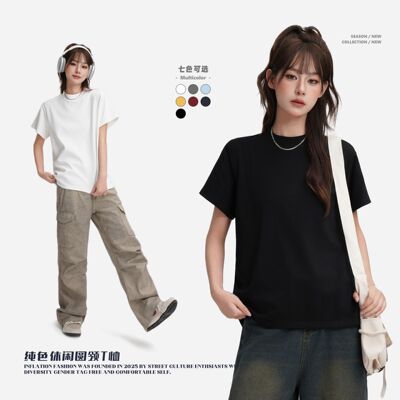 CATTEE 纯色圆领宽松短袖t恤女夏季2025新款正肩半高领内搭上衣男