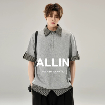 ALLIN 格子衬衫翻领拼接短袖polo衫男夏季假两件T恤情侣重磅上衣