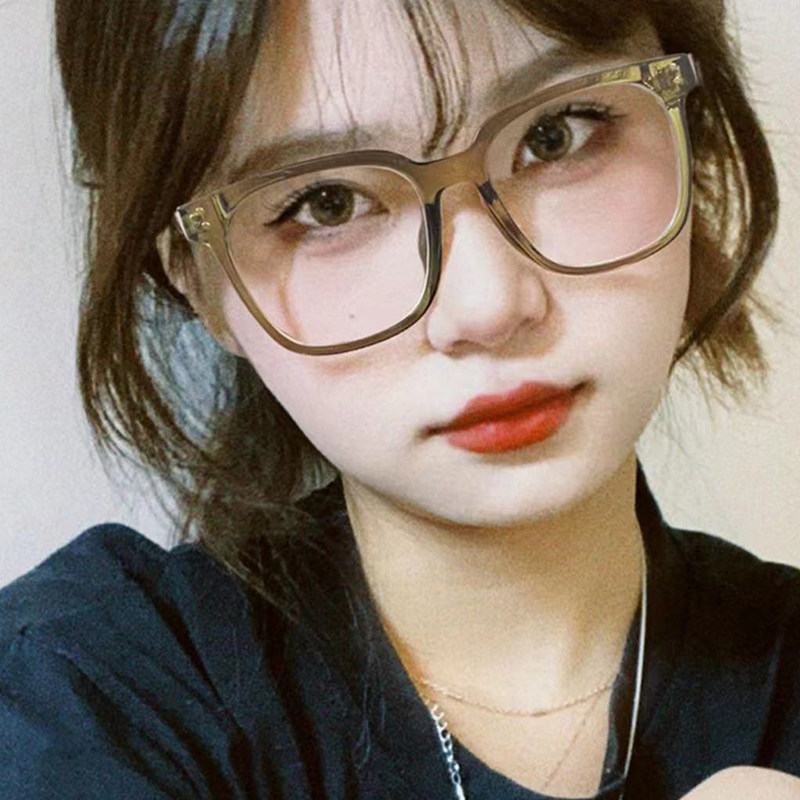 gm大框橄榄绿防蓝光抗辐射近视眼镜女黑框素颜神器变色平光镜女款