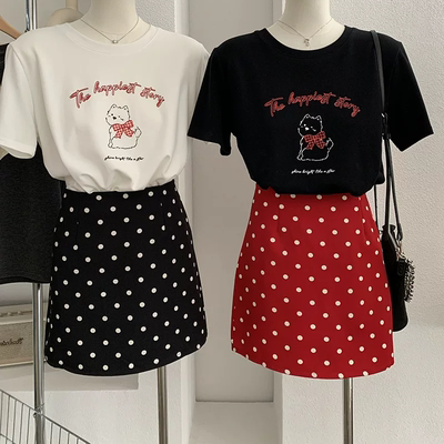 复古百搭波点短裙女2026春夏新款高腰显瘦小个子A字包臀半身裙