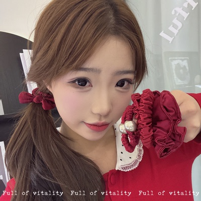 法式红色缎面褶皱小肠发圈高弹