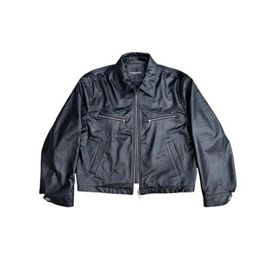 UNKNOWNWORLD 24秋冬新款摔纹油蜡牛皮西部短款拉链黑色皮衣夹克