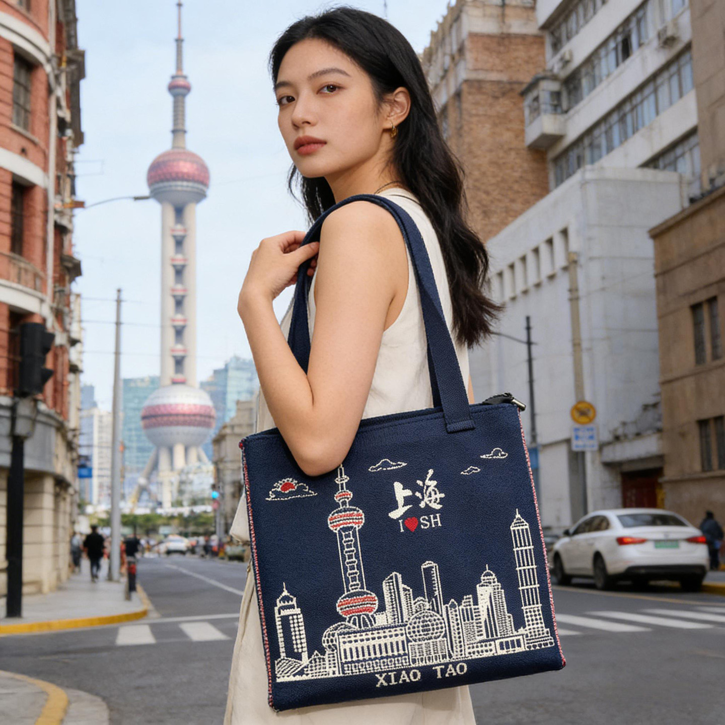针织机绣环保袋上海东方明珠塔可陆家嘴便携建筑物地标纪念购物袋