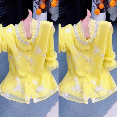 法式重工钉珠刺绣短款衬衫女