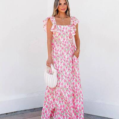 Women's Square Neck ruffled Floral Print Maxi Dress Casual