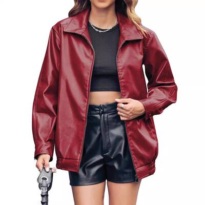 Renaishow Women's Oversized Collared Faux Leather Bomber