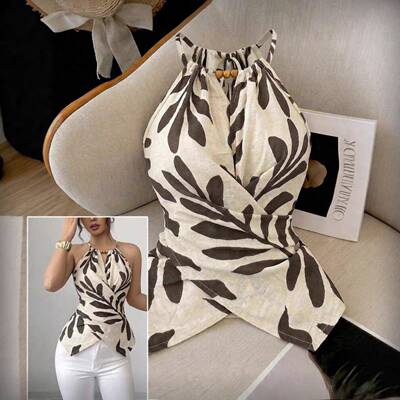 Elegant Halter Neck V-Neck All Over Print Sleeveless Top