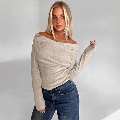Solid Off Shoulder Pullover Sweater Casual Long Sleeve