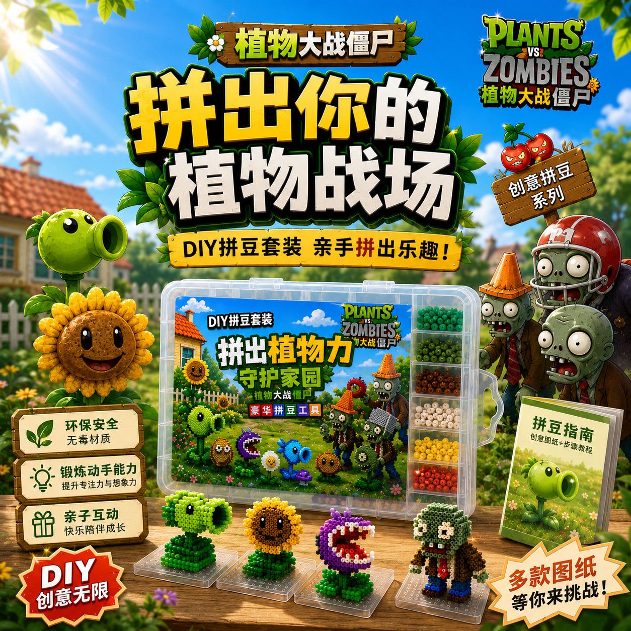 植物大战僵尸拼豆套装diy手工创意粘贴类益智拼豆儿童制作玩具