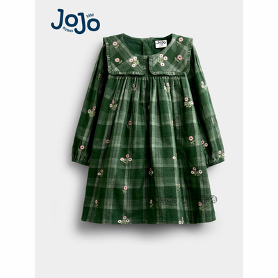 英国JoJo Maman Bebe女童格子刺绣翻领长袖连衣裙全棉新款Y93-153