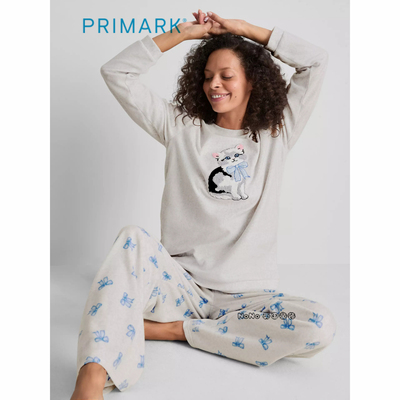 英国Primark女款成人大童暖绒卡通猫咪刺绣长袖家居服睡衣裤7707