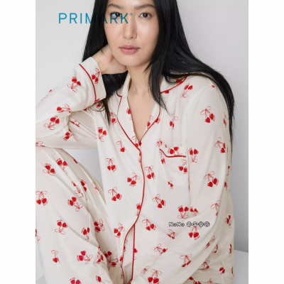 英国Primark女款成人大童白色樱桃爱心印花长袖家居服长睡衣裤