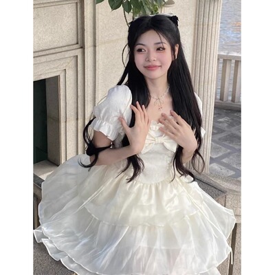 Blovelan清风铃兰 甜美公主风蝴蝶结欧根纱短款连衣裙蓬蓬裙女夏