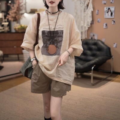 【送运费险】印花苎麻短袖T恤女