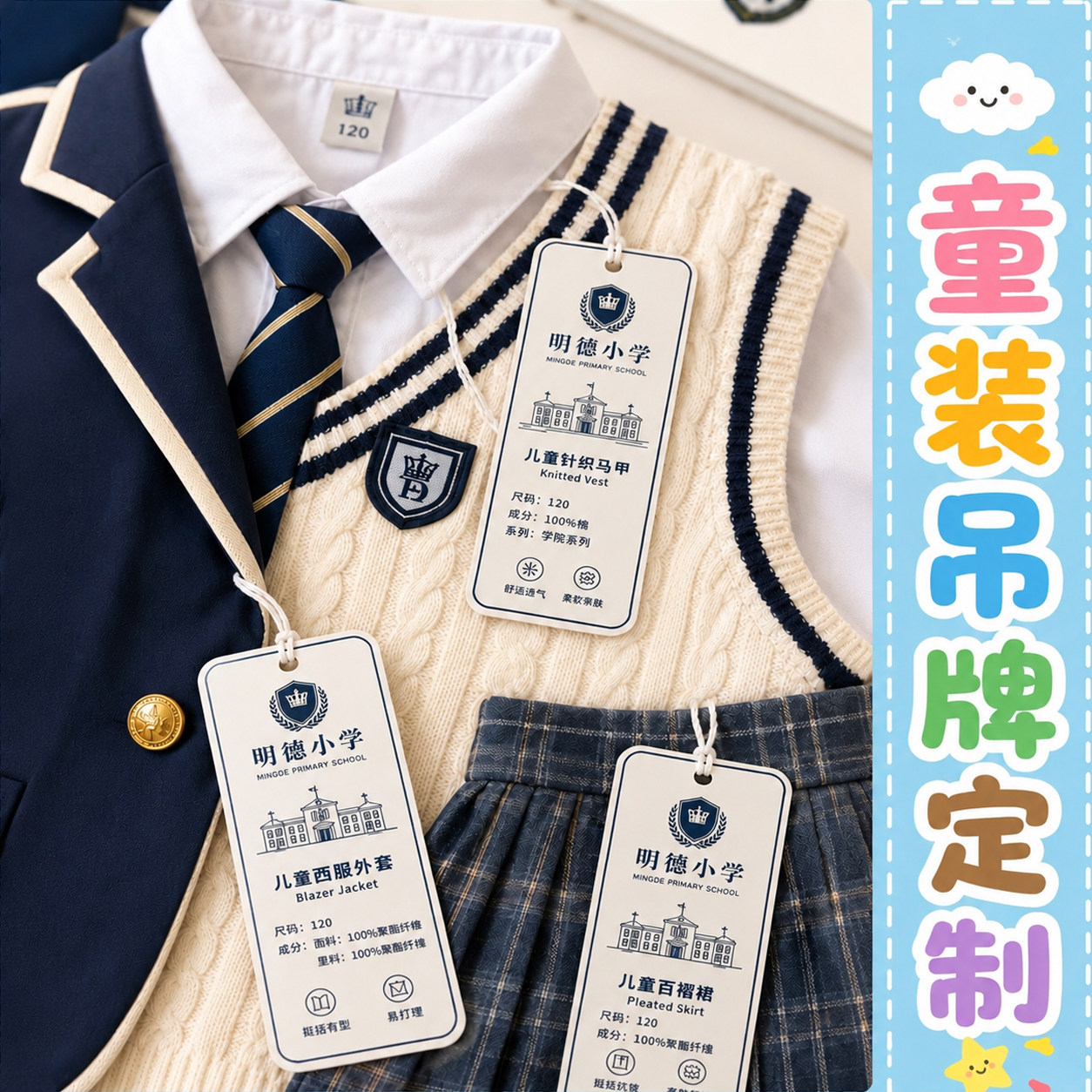 吊牌定制童装校服儿童服装挂牌衣服标签logo学校园服商标设计制作