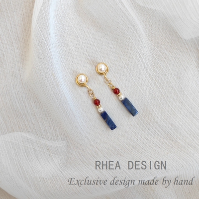 新中式轻奢小众淡水珍珠蓝纹石耳钉耳夹 女 长款耳扣耳饰