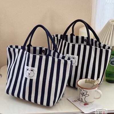 喜凡你日系条纹小熊帆布餐盒包